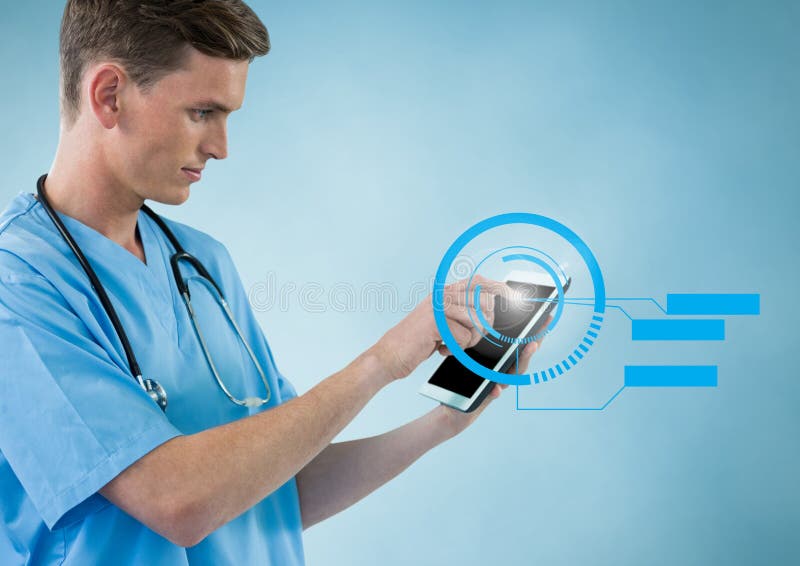 Doctor Using Digital Tablet with Digitally Generated Icons Stock Photo ...