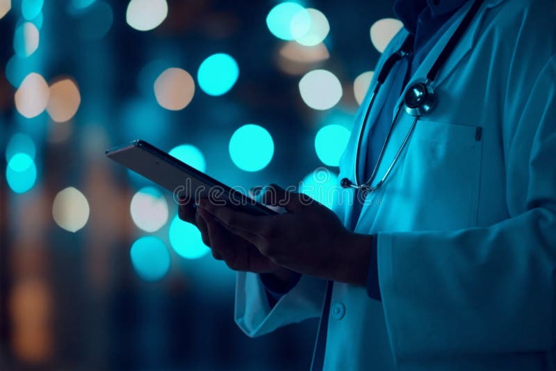 Doctor Using Digital Tablet in Hospital at Night Stock Photo - Image of ...