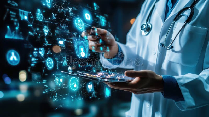 Doctor Using Digital Tablet with Medical Data Interface Stock ...