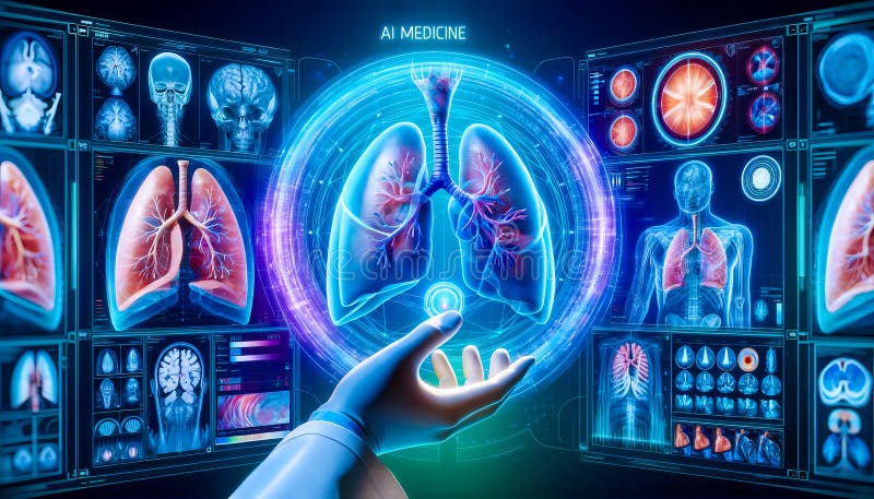Doctor Using High Tech Diagnostic Panel Hologram Human Lungs. Modern ...