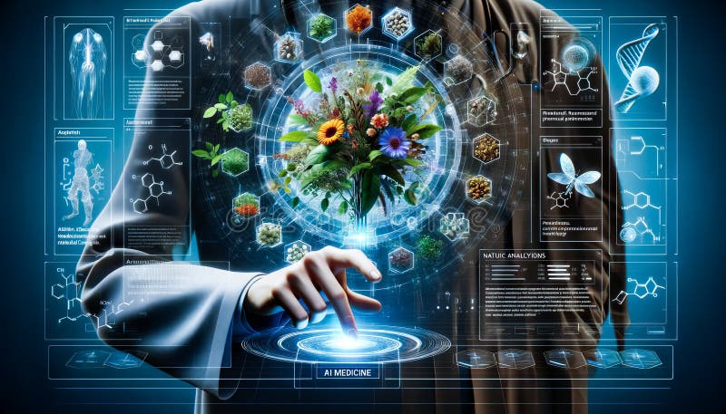 Doctor Using High Tech Pharmacological Panel Hologram, Herbal Medicine ...