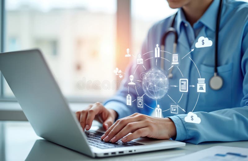 Doctor Using Laptop. Connection Server Data Base Patient for Tech ...