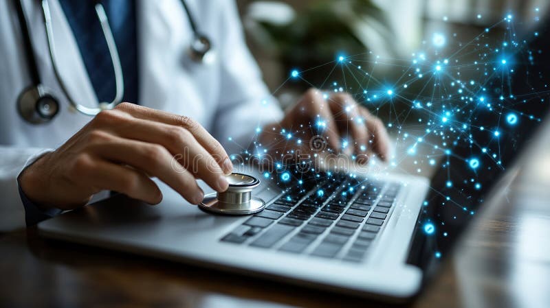 Doctor Using Laptop with Stethoscope, Network Graphic Overlay, Modern ...