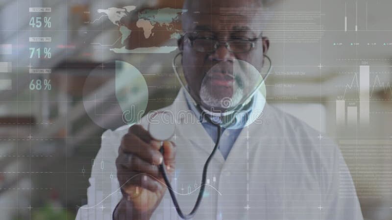 Doctor Using Stethoscope with Animation of Data and Graphs in Hospital ...