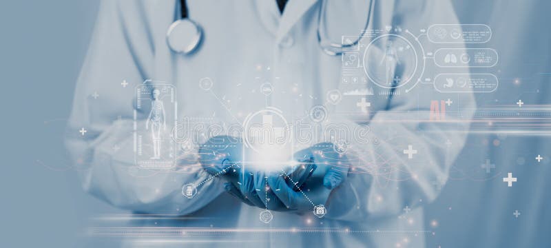 Doctor Using System Analysis Treatment Healthcare Patient, Data Network Via Cloud, Digital ...