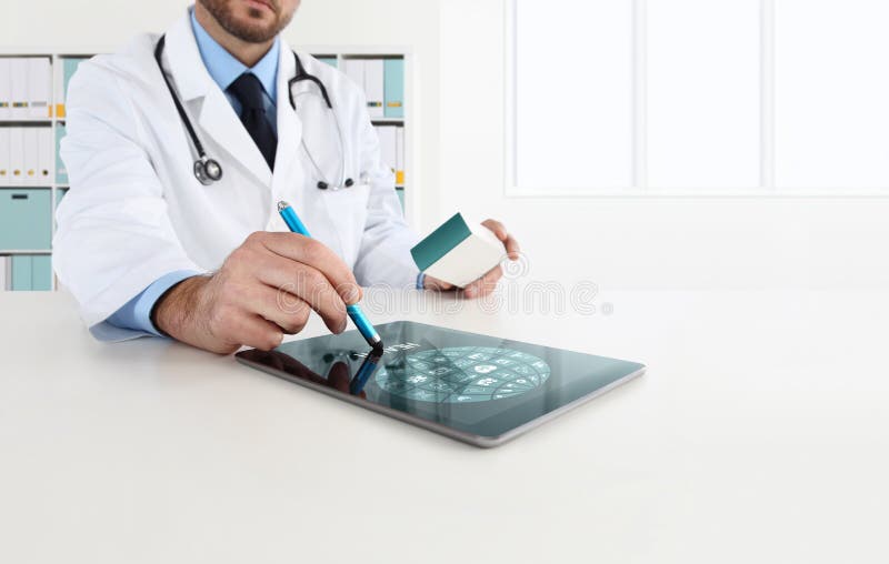 Doctor Using Tablet on Desk Prescribes Medicine Stock Photo - Image of ...