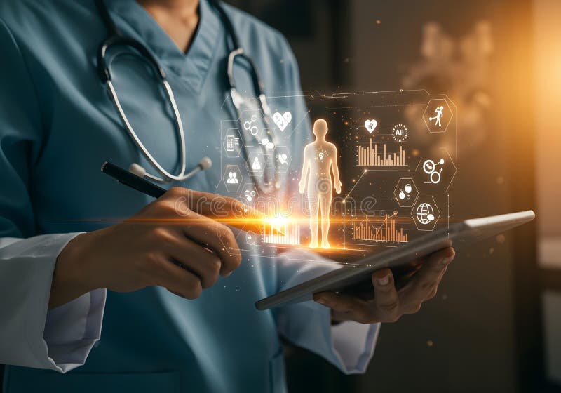 Doctor Using Tablet with Digital Human Body Interface for Medical Data ...