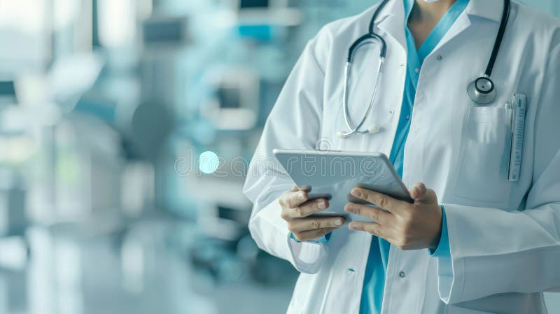 Doctor Using a Tablet in a High-tech Medical Facility. Highlights the ...