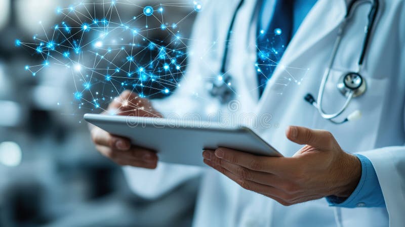 Doctor Using Tablet with Medical Network Graphic in Hospital Stock ...