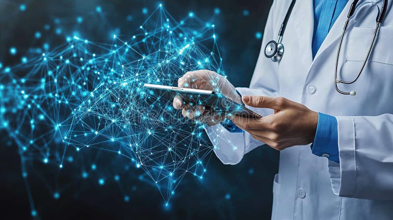 Doctor Using a Tablet To Analyze Patient Data with Digital Connections ...