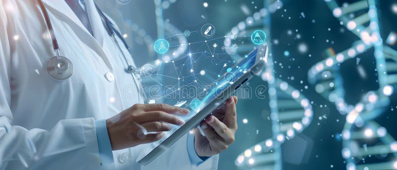 A Doctor is Using a Tablet To Look at a DNA Sequence Generated by AI ...