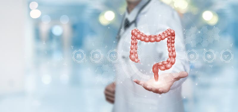 Doctor on a Virtual Screen Shows the Digestive System Stock Photo ...