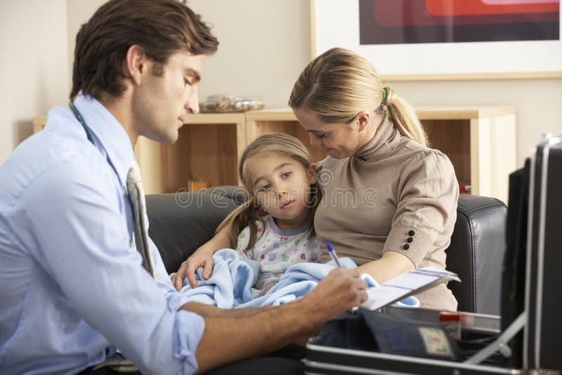 Doctor Visiting Sick Child and Mother at Home Stock Photo - Image of ...