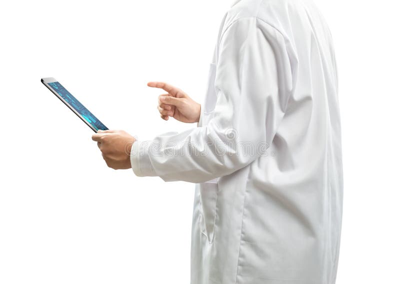 Doctor Wear White Lab Coat Work with Tablet Isolate on White Stock ...