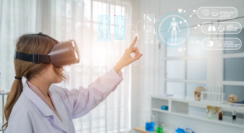 Doctor Wearing Virtual Reality Scientist Using Vr Headset Glasses