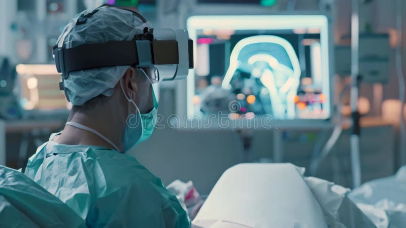 A Doctor Wearing a VR Headset and Surgical Scrubs Performs Surgery on a ...