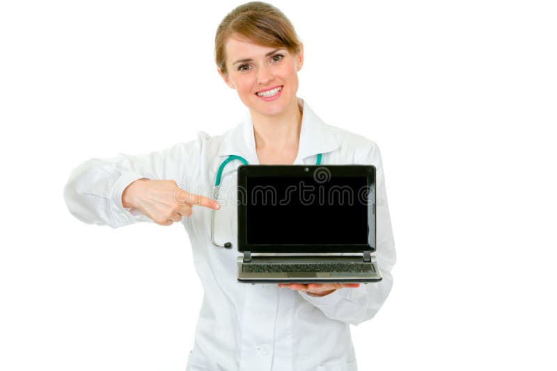 Doctor Woman Pointing on Laptop with Blank Screen Stock Photo - Image ...