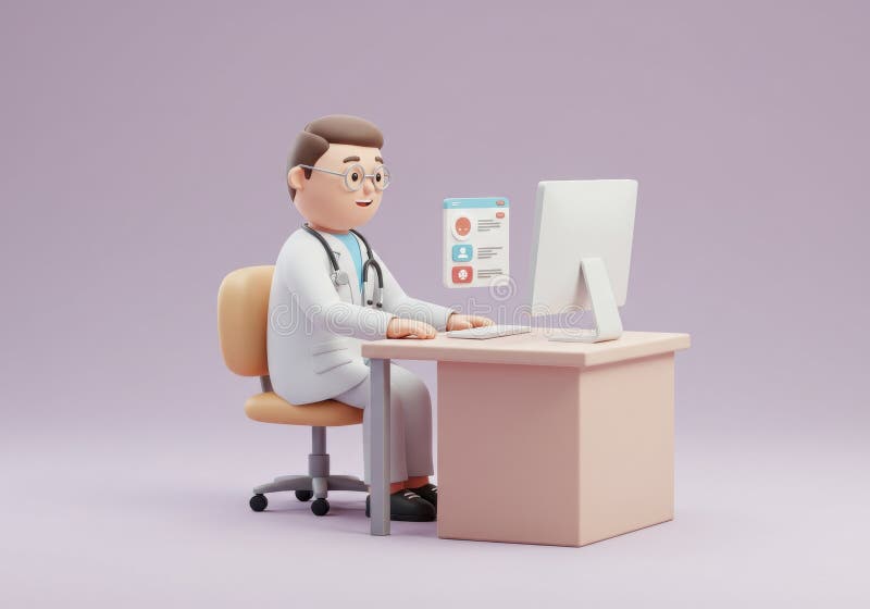 Doctor Working at Computer in Office Setting Stock Illustration ...