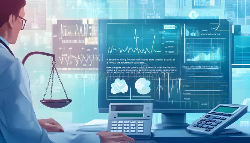A Doctor Working on Financial Records with Scales on a Virtual Desktop ...