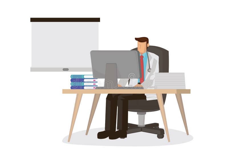 Doctor Working at His Desk in His Office Interior Stock Vector ...