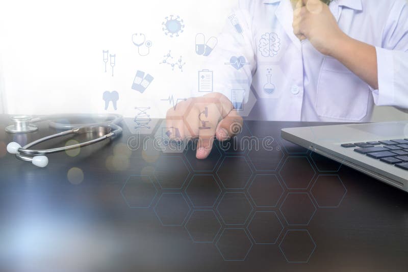 Doctor Working with Laptop Computer in Medical Workspace Office Stock ...