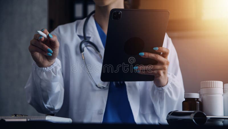 Doctor Working with Laptop Computer and Writing on Paperwork. Hospital ...