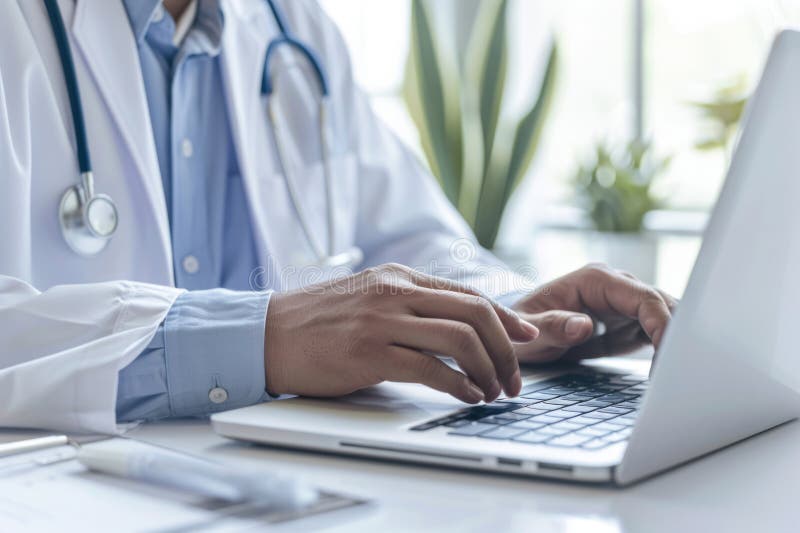 Doctor Working on a Laptop in a Modern Office Setting Stock Photo ...