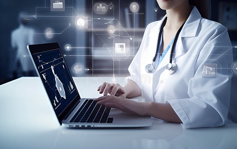 Doctor Working on Modern Computer, Medical Analysis. Virtual Graph ...