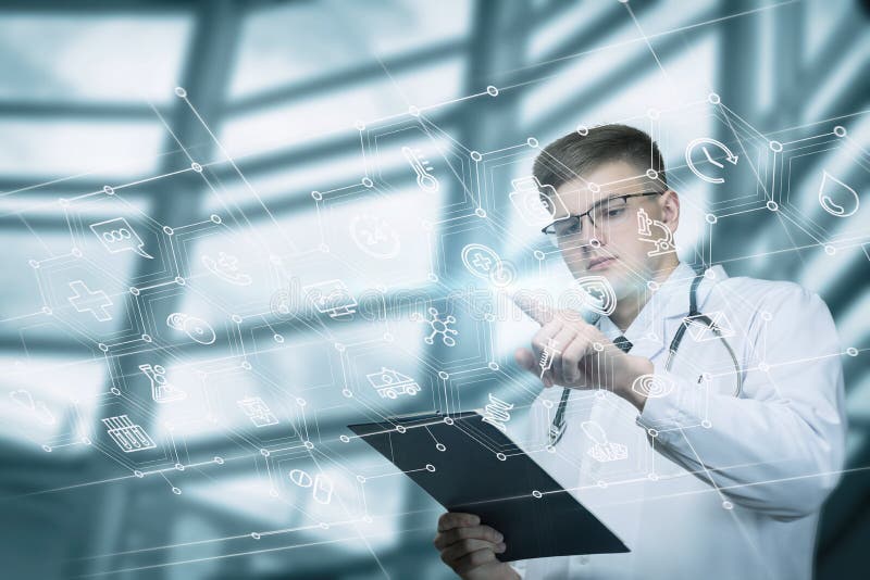 Doctor Working on Virtual Computer Screen Stock Image - Image of doctor ...
