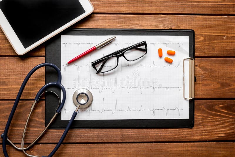 Doctor Workplace at Wooden Table in Lab Top View Stock Image - Image of ...