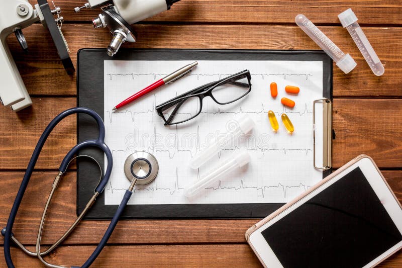 Doctor Workplace at Wooden Table in Lab Top View Stock Photo - Image of ...
