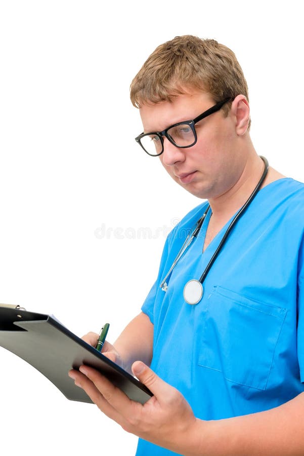 The Doctor Writes the Results of Surveys in a Folder Stock Image ...