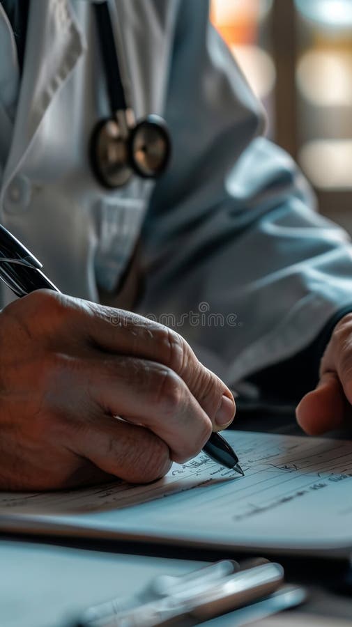 Doctor Writing Notes in Clinical Setting during Daytime. Vertical ...