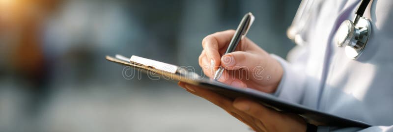 Doctor Writing Notes on Clipboard in Clinical Setting with Blurred ...