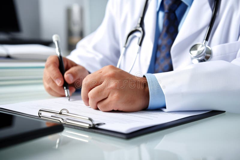 Doctor Writing Notes on Clipboard in Office. Background with Selective ...