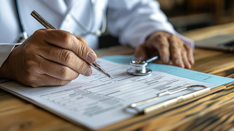 A Doctor Writing Notes on a Medical Chart with a Stethoscope on the ...