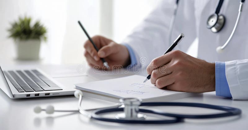 Doctor Writing Notes with Stethoscope and Laptop Stock Illustration ...