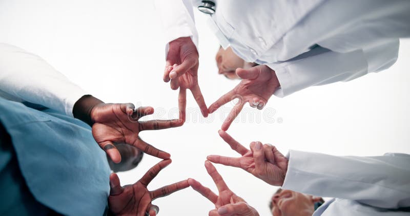 Doctors, Circle and Hands with Peace Sign for Teamwork, Diversity in ...