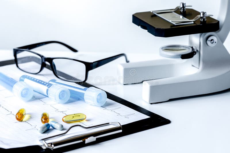 Doctors Desk with Microscope and Test Tubes Stock Image - Image of desk ...