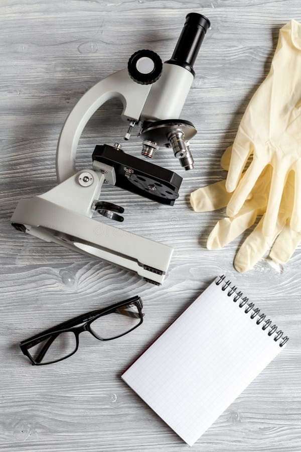 Doctors Desk with Microscope and Test Tubes Top View Stock Photo ...