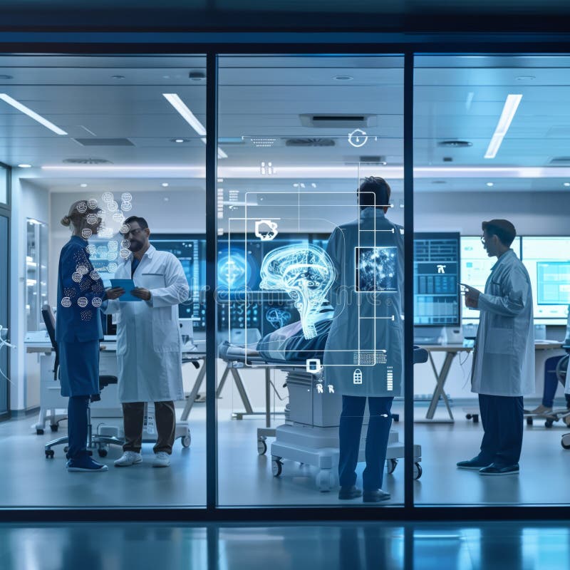Doctors Discussing in Modern Medical Office with Digital Brain Hologram ...