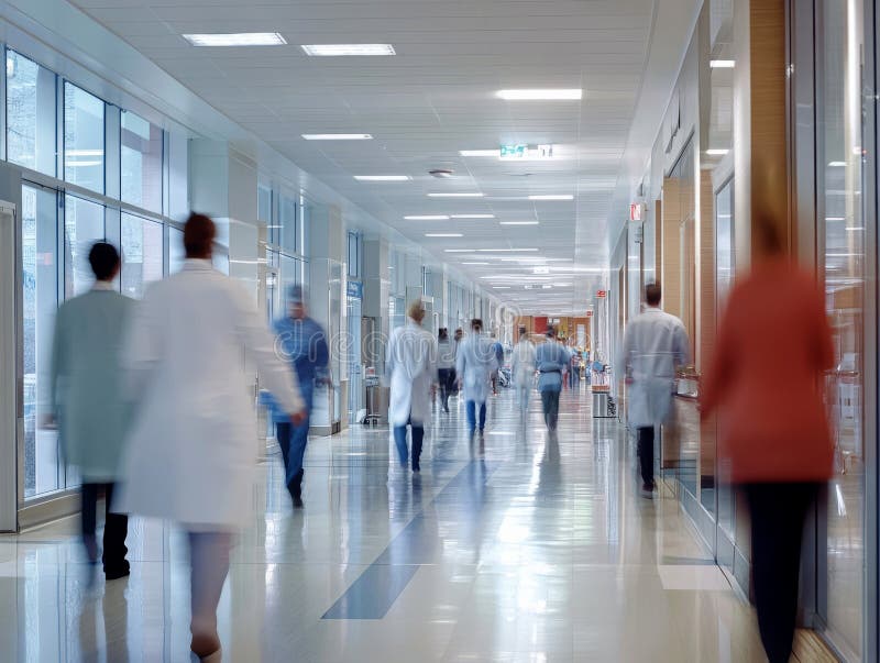 Doctors and Nurses in Motion Inside Bright Hospital Hallway Stock ...
