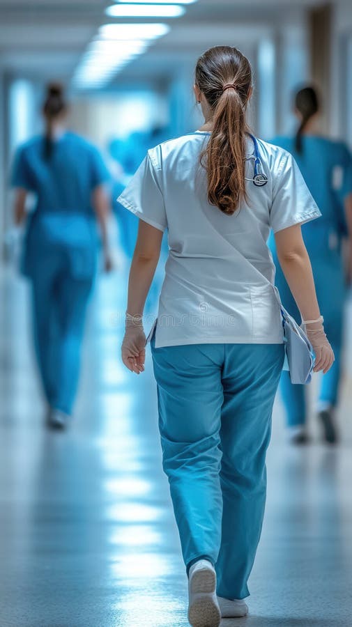 Doctors and Nurses Walking Together in a Hospital Corridor during a ...