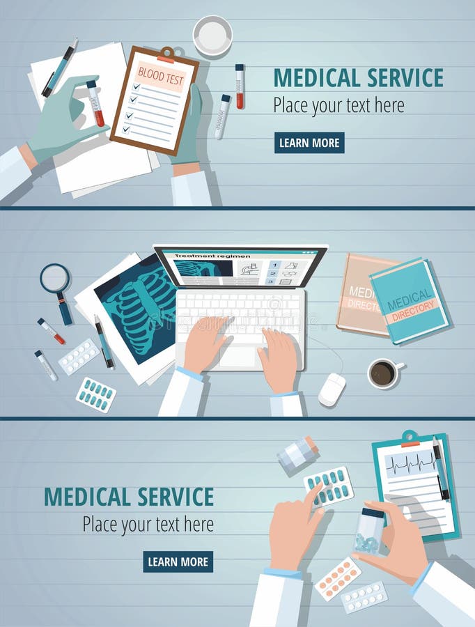 Doctors Table Workplaces. Medicine Concept Set Web Banners Stock Vector ...