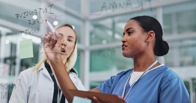 Doctors, Teamwork and Planning on Glass Board for Medical Solution ...