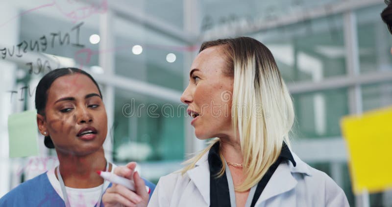 Doctors, Teamwork and Writing on Glass Board for Medical Solution ...