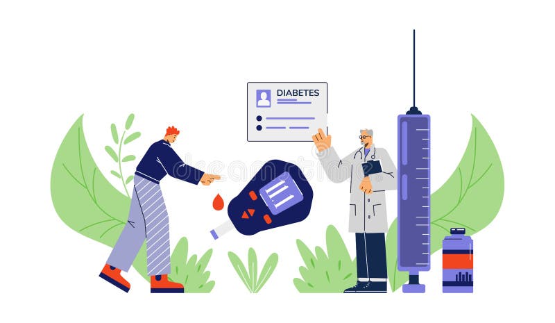 Doctors Testing Blood of Patient for Glucose Using Glucometer, Vector ...