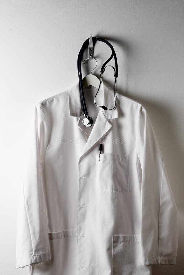 Doctors White Lab Coat on a Hanger and Hook with Stethoscope Stock ...