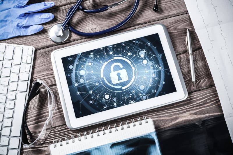 Web Security and Technology Concept with Tablet Pc on Wooden Table ...