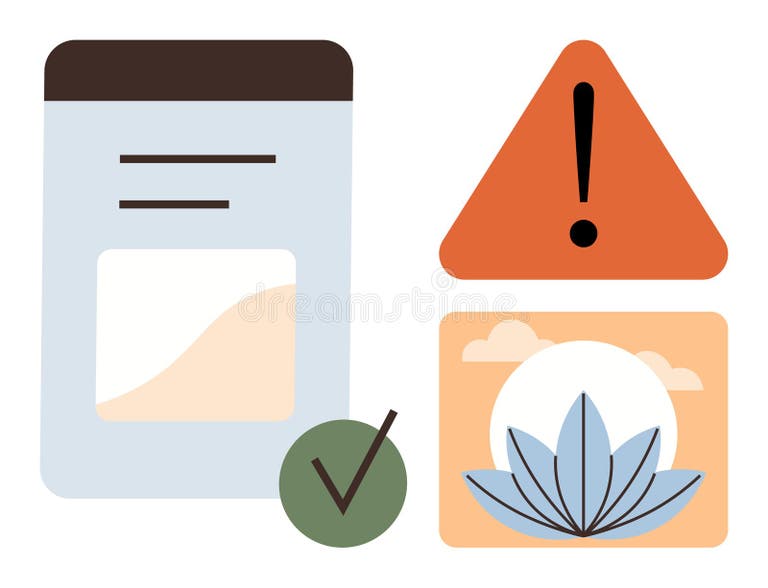 Document with Approval Checkmark, Warning Sign, and Lotus Symbol for ...